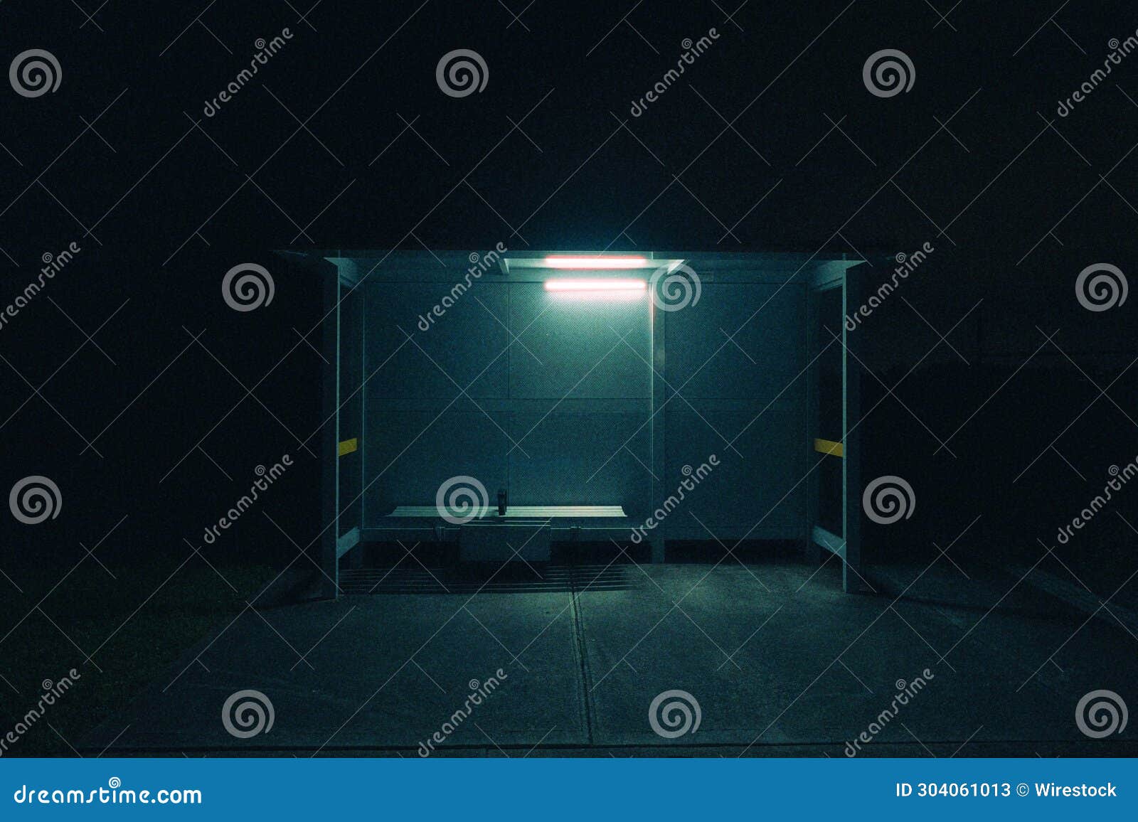 An Empty Bus Stop at Night with the Light on in the Background Stock ...