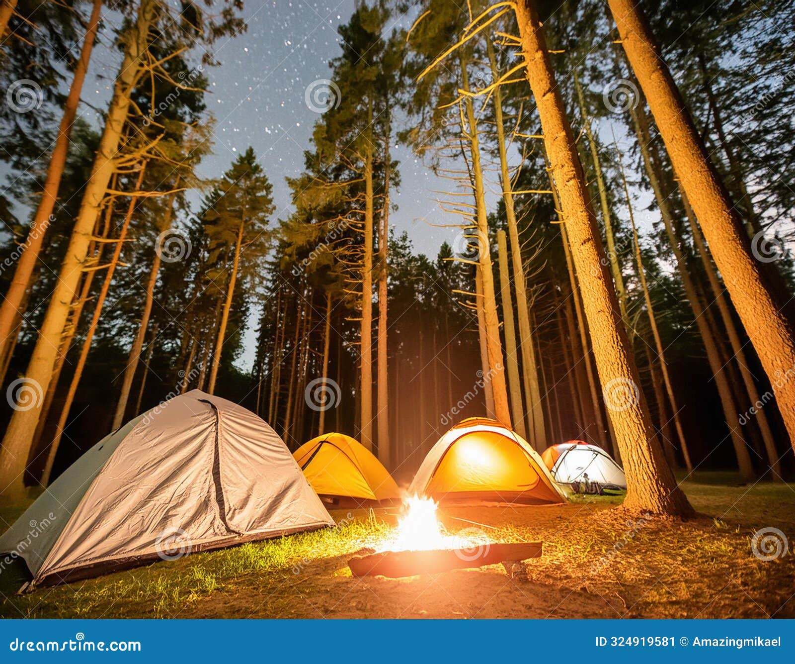 Nighttime Camping in the Forest with Lit Tents and Starry Sky Stock ...