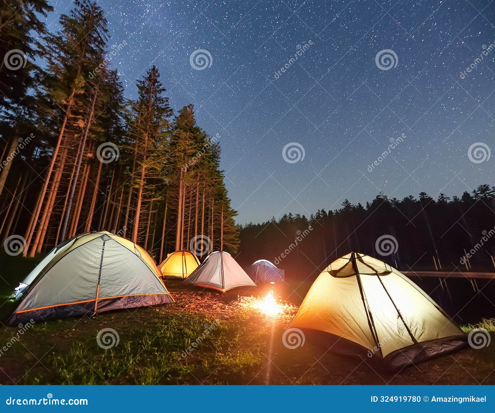 Nighttime Camping in the Forest with Lit Tents and Starry Sky Stock ...