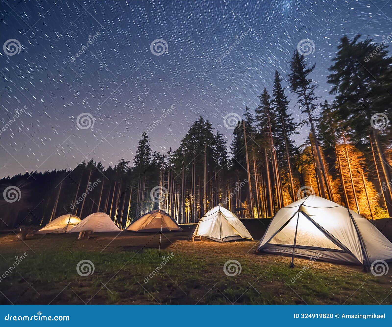 Nighttime Camping in the Forest with Lit Tents and Starry Sky Stock ...