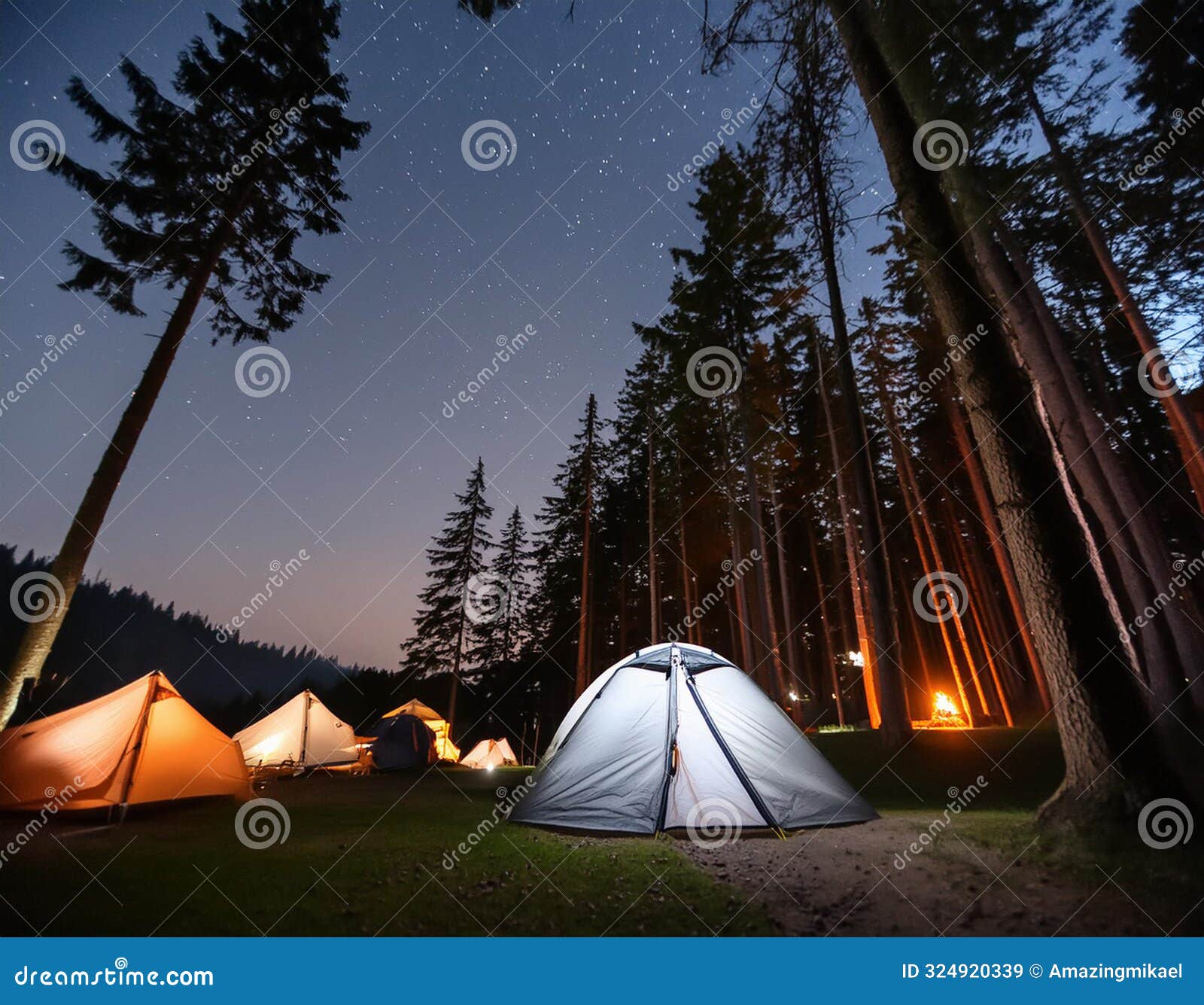 Nighttime Camping in the Forest with Lit Tents and Starry Sky Stock ...
