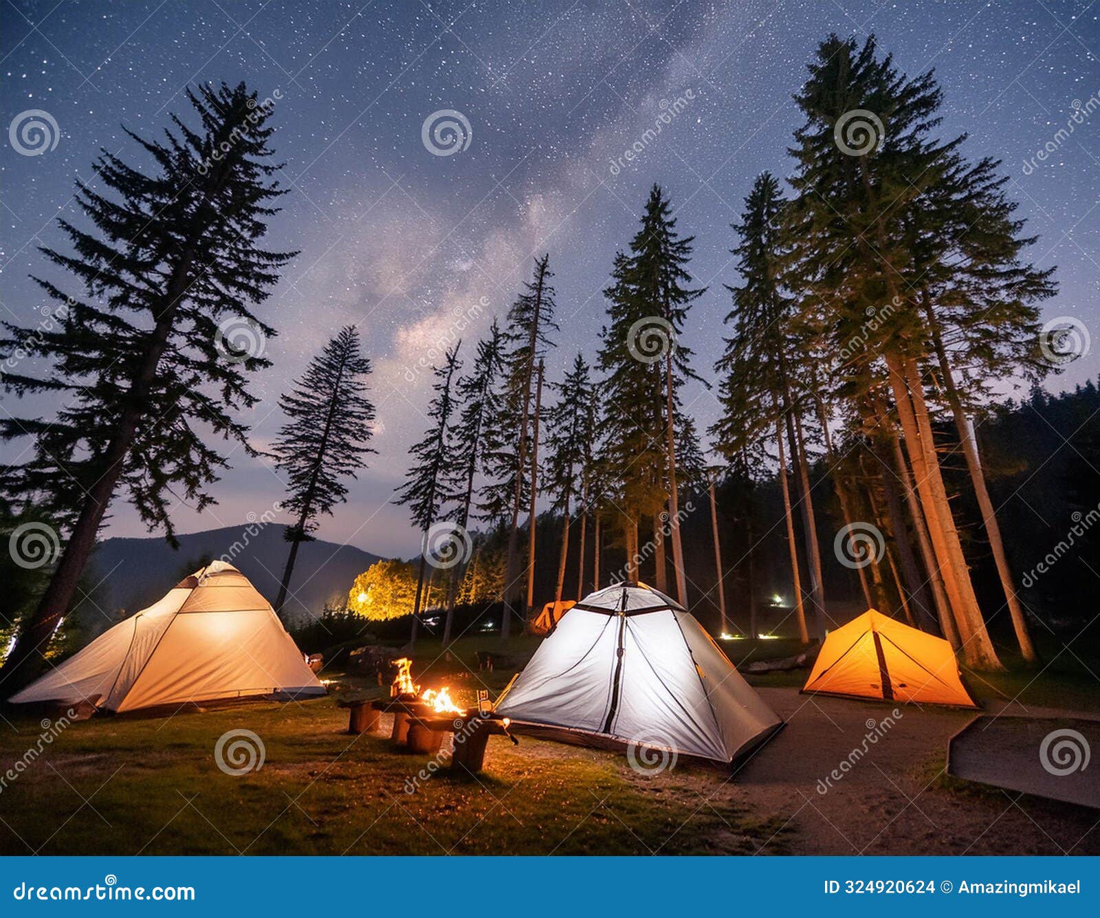 Nighttime Camping in the Forest with Lit Tents and Starry Sky Stock ...