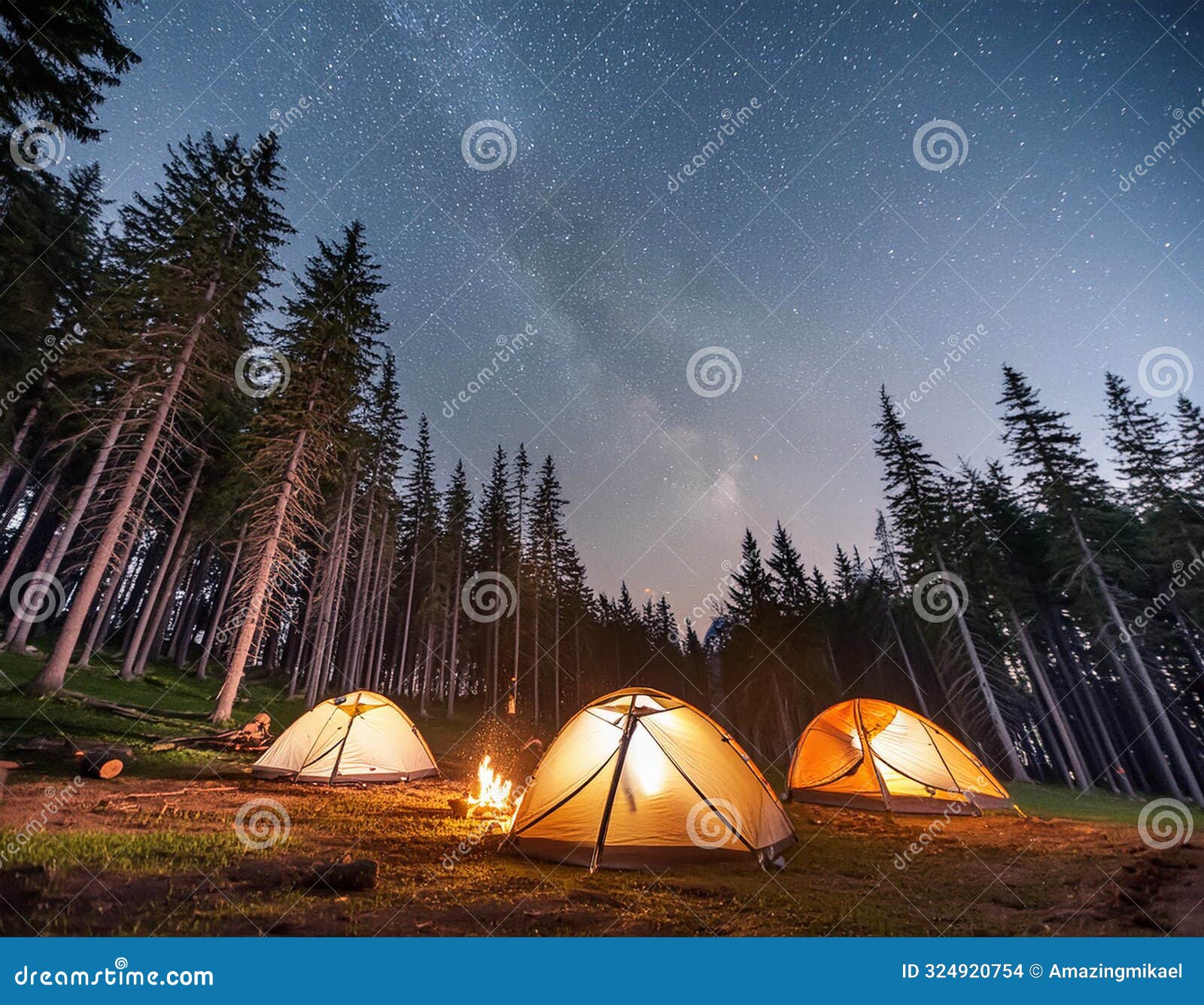 Nighttime Camping in the Forest with Lit Tents and Starry Sky Stock ...