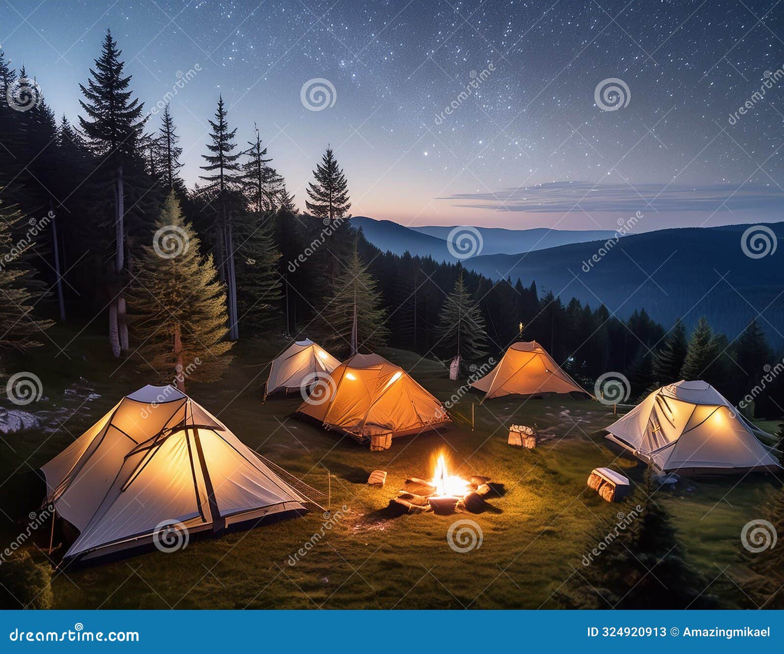 Nighttime Camping in the Forest with Lit Tents and Starry Sky Stock ...