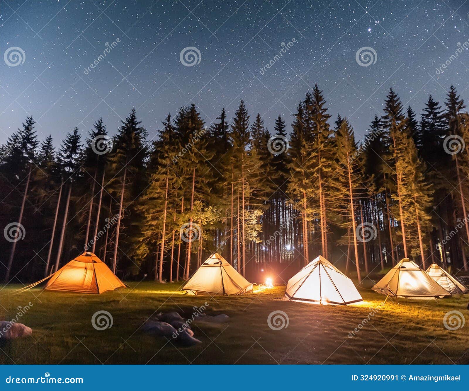 Nighttime Camping in the Forest with Lit Tents and Starry Sky Stock ...