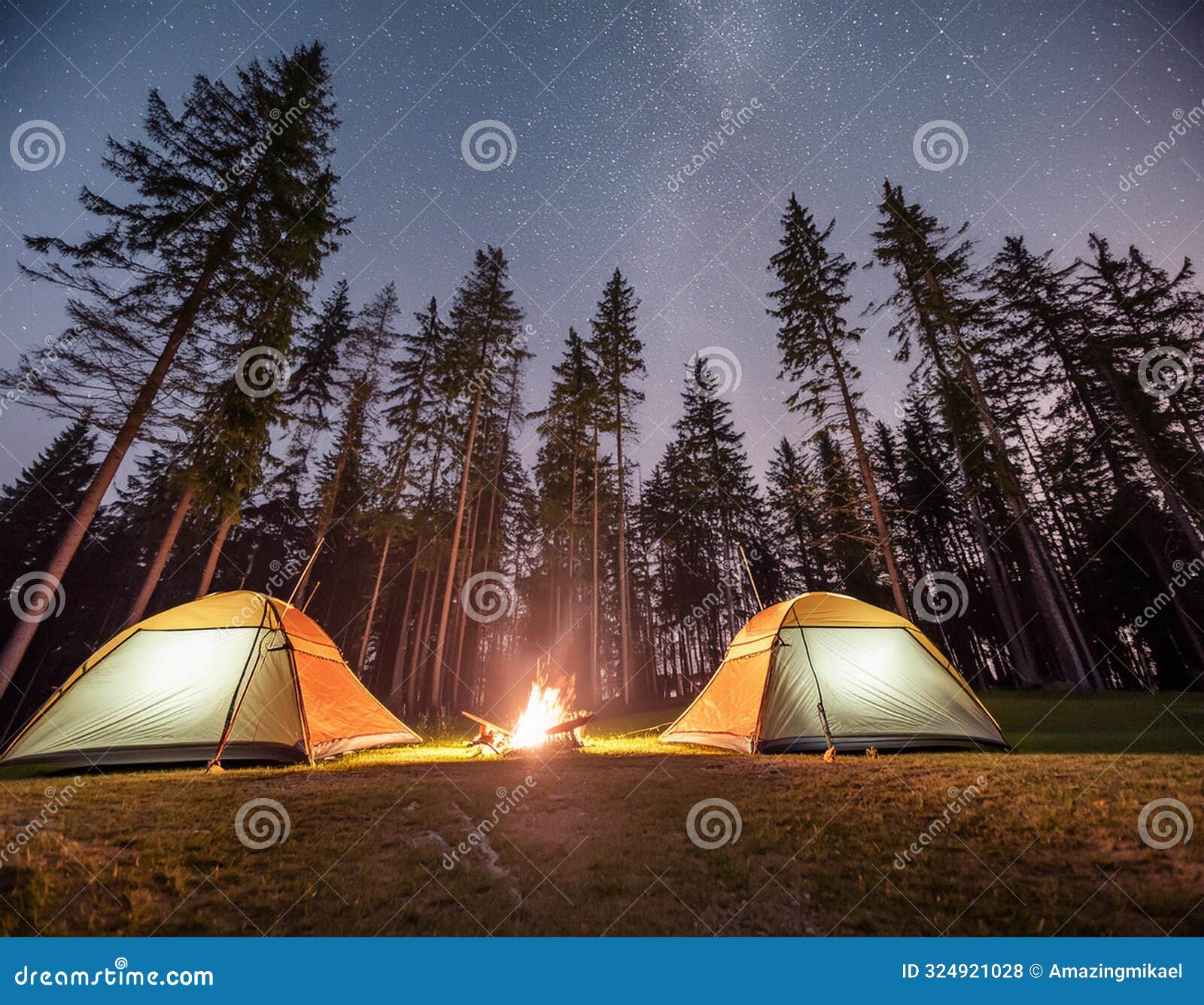 Nighttime Camping in the Forest with Lit Tents and Starry Sky Stock ...