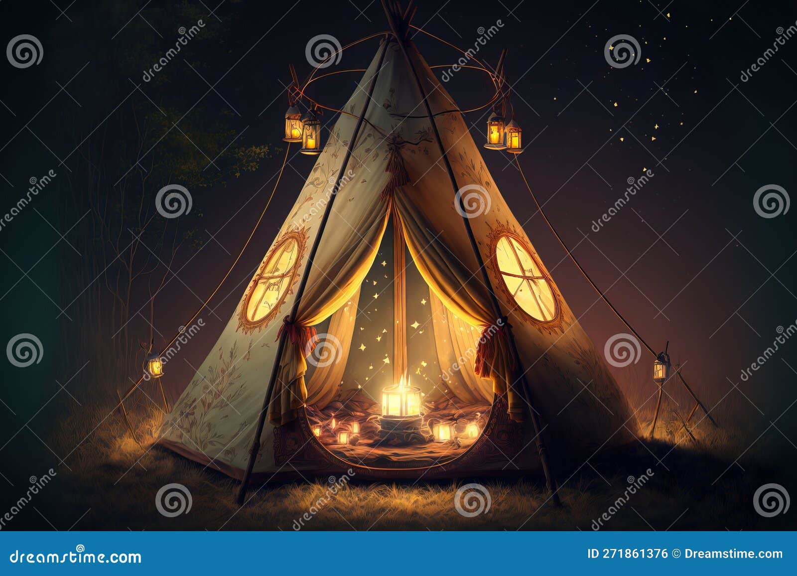 Nighttime Camping Under Stars With Glowing Campfire And Tents In A ...