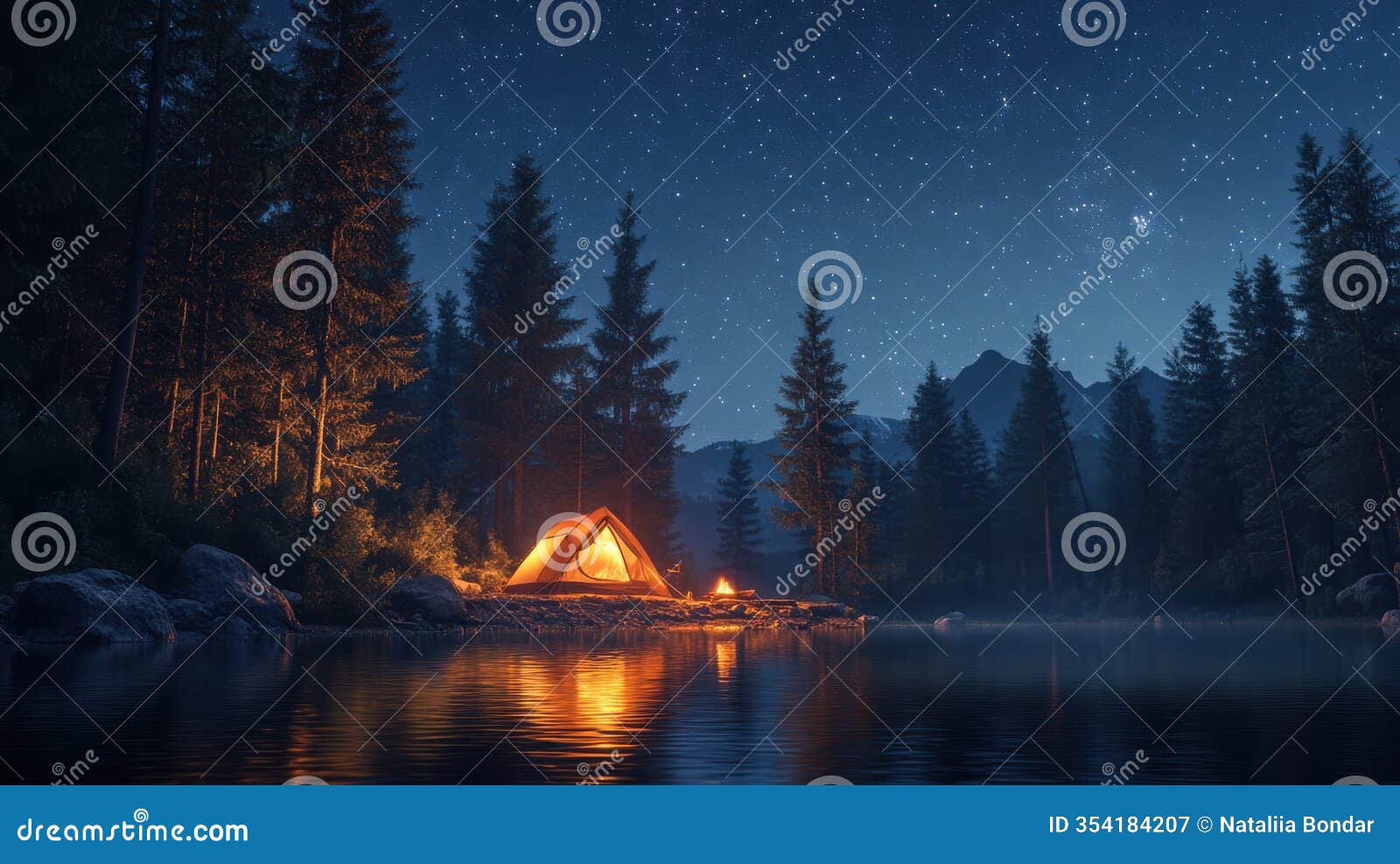 Nighttime Camping Scene with Illuminated Tent by Forest Lake Under ...