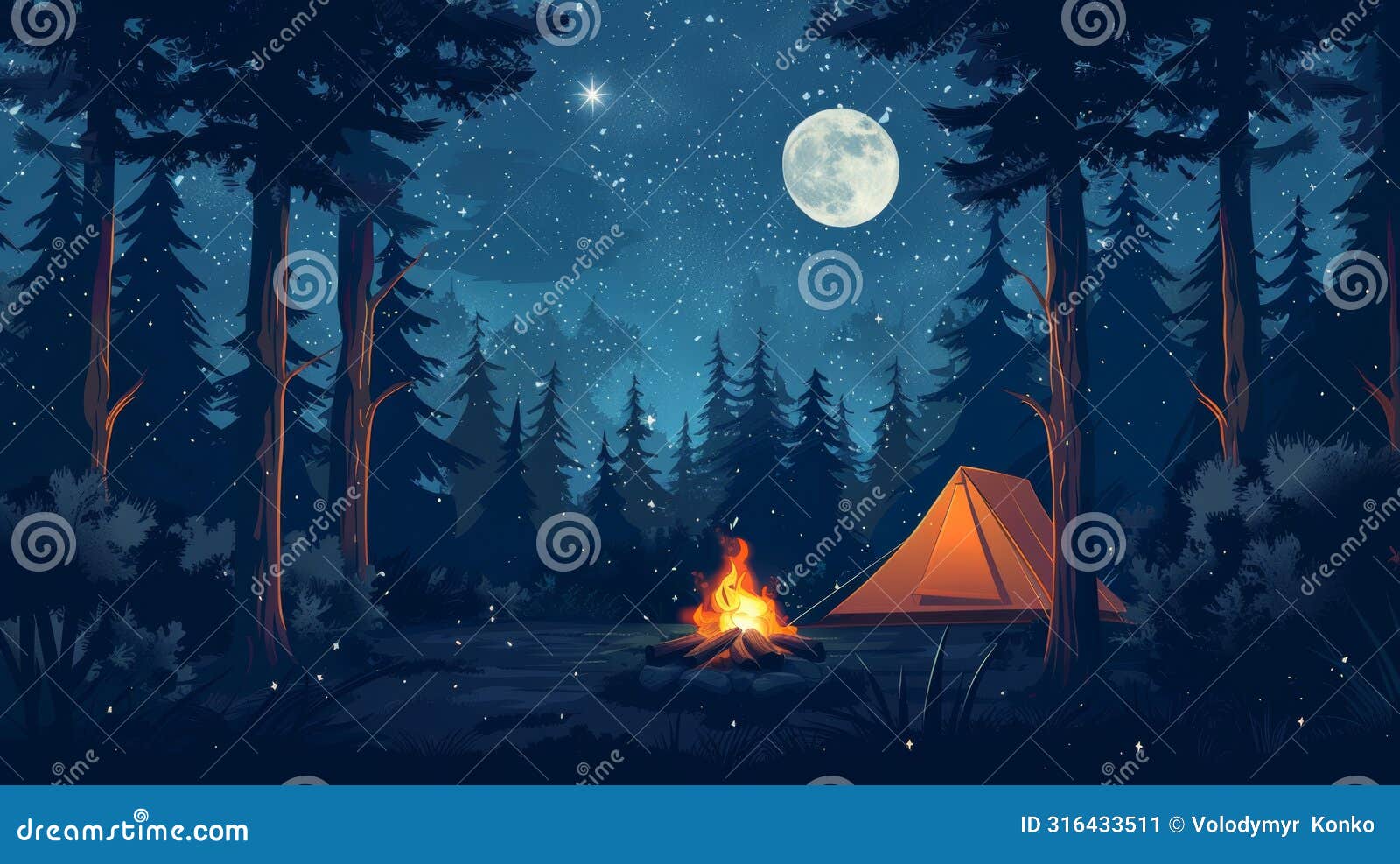 Nighttime Camping Scene with Tent, Campfire, and Full Moon in a Forest ...