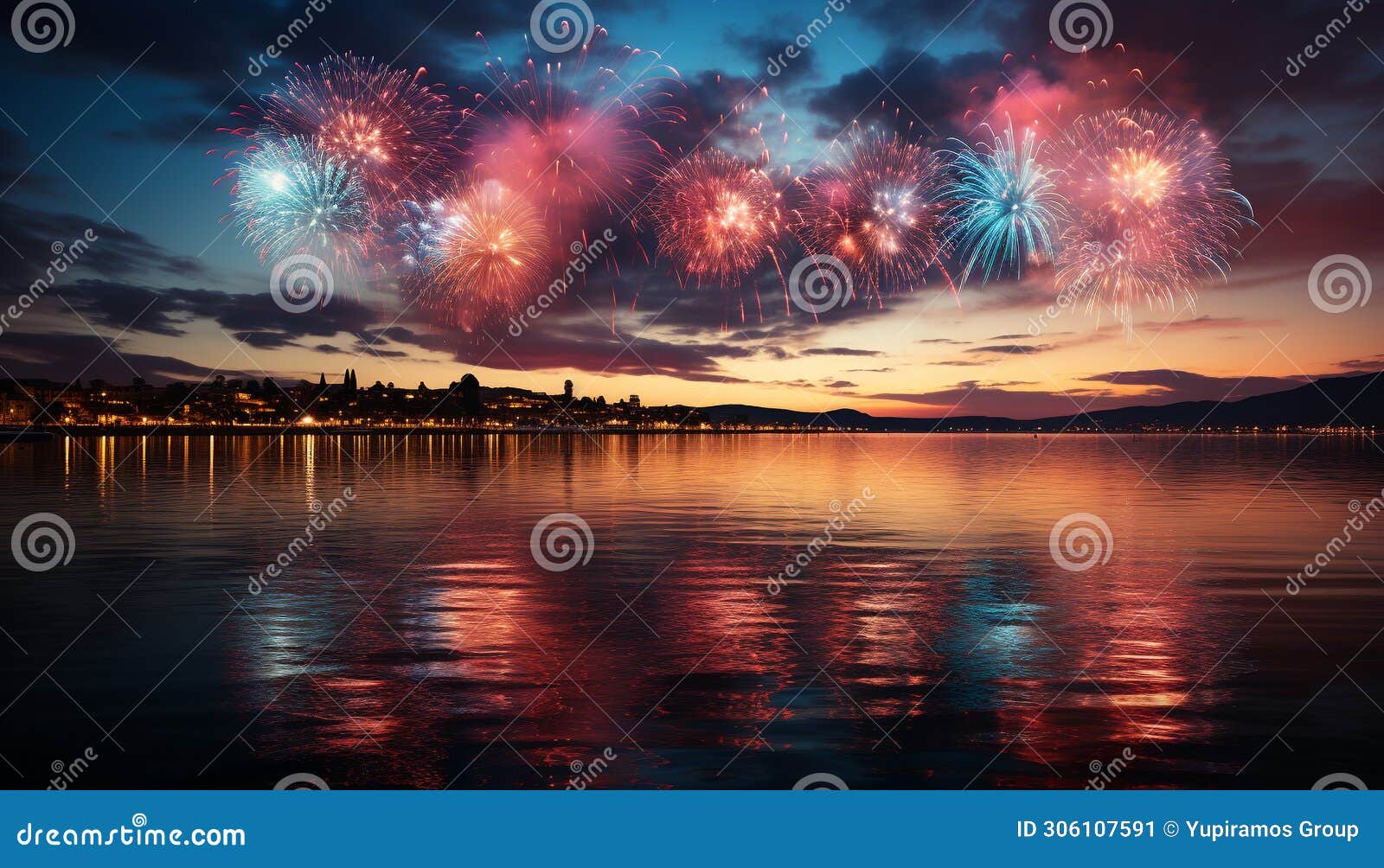 Nighttime Celebration Fireworks Exploding, Reflecting in Water, Multi ...