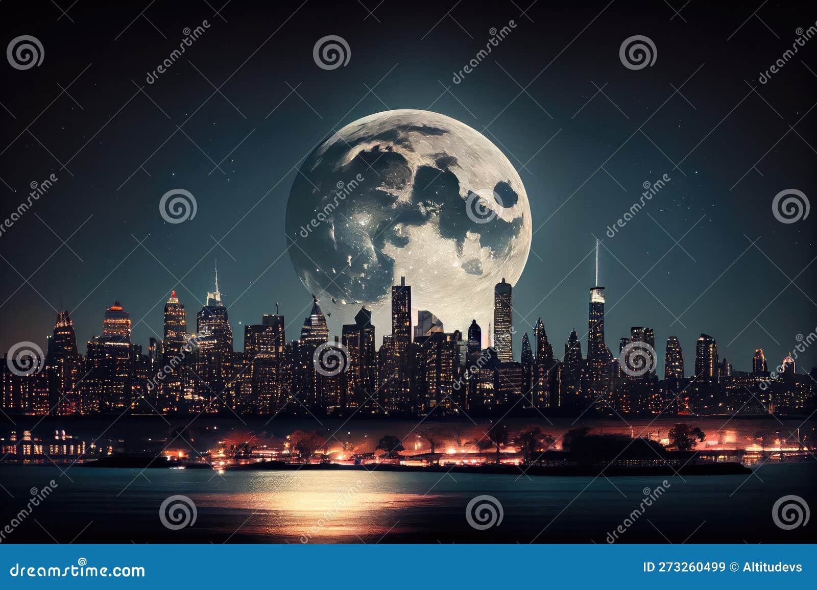 Nighttime City Skyline with a Full Moon Shining in the Sky Stock ...
