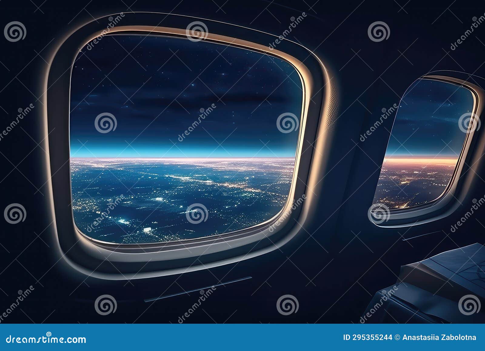 Nighttime City View from Airplane Window with Empty Space Stock Photo ...