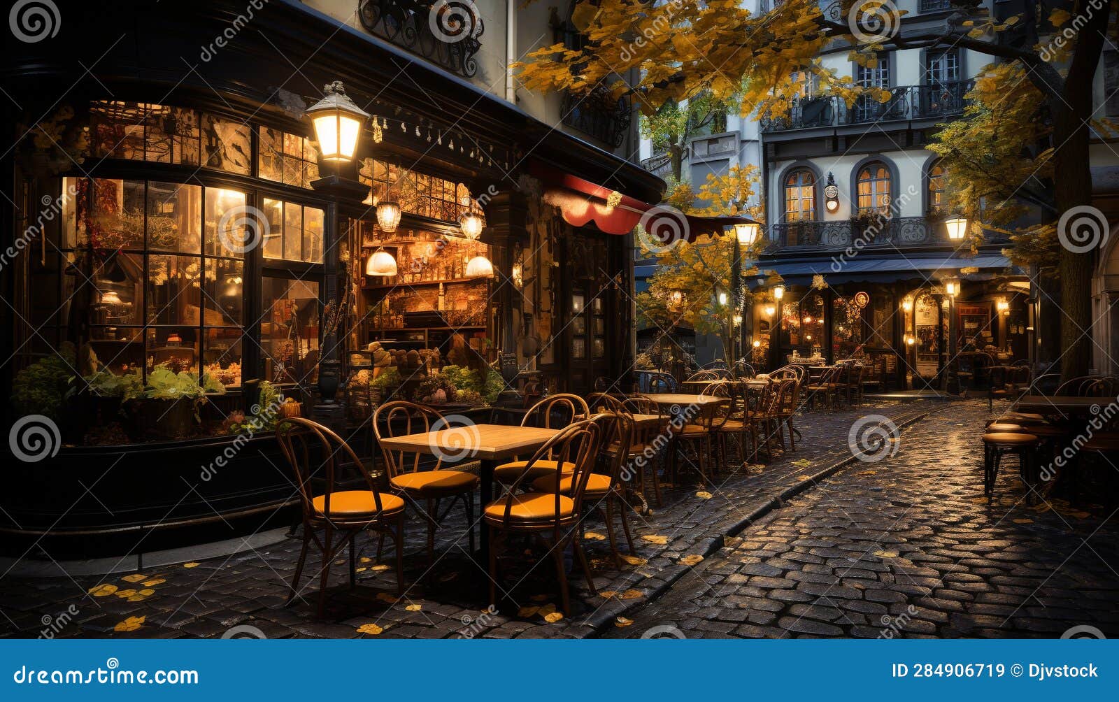 Nighttime Cityscape with Illuminated Buildings and a Charming Sidewalk ...