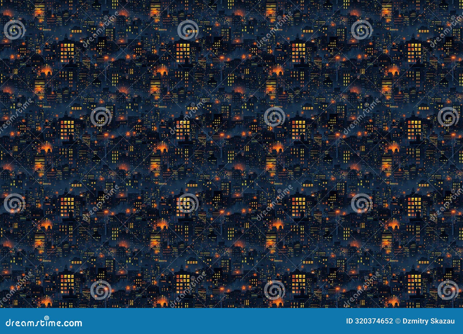Nighttime Cityscape Pattern with Glowing Lights and Silhouettes of ...