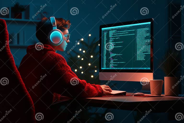 Nighttime Coding Session a Young Coder Works Late Illuminated by Screen ...