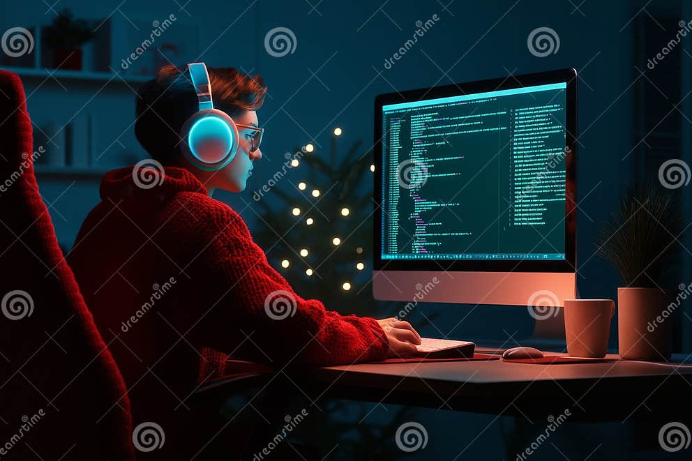 Nighttime Coding Session a Young Coder Works Late Illuminated by Screen Glow Concepts Focus ...