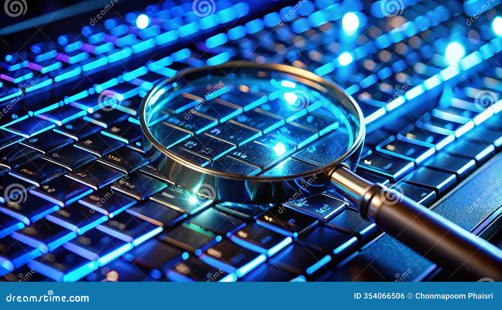 Nighttime Cybersecurity Investigation a Magnifying Glass on a Keyboard Unveils Digital Code Data ...