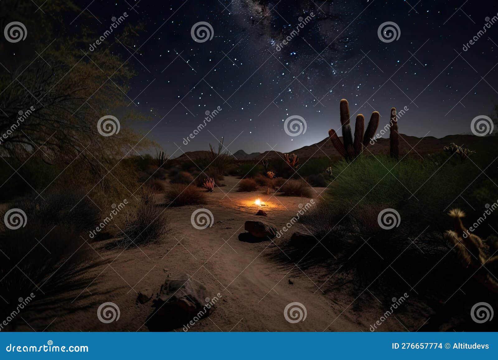 Nighttime Desert Hike with Stars and Moon Overhead, and Distant Point ...