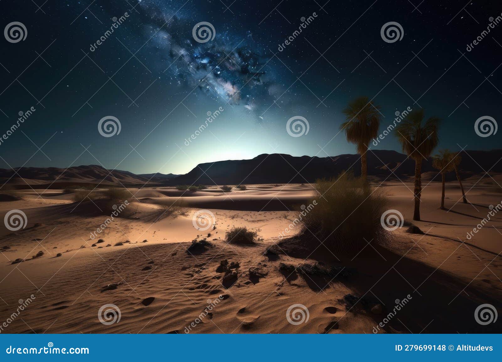 Nighttime Desert Scene, with a Full Moon and Starry Sky Above the Oasis ...