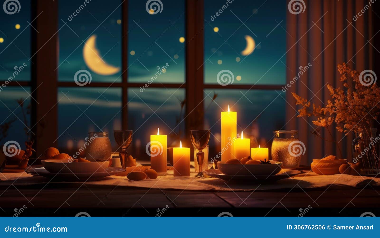 Nighttime Dinner Scene with Candlelight and Window Glow in the ...