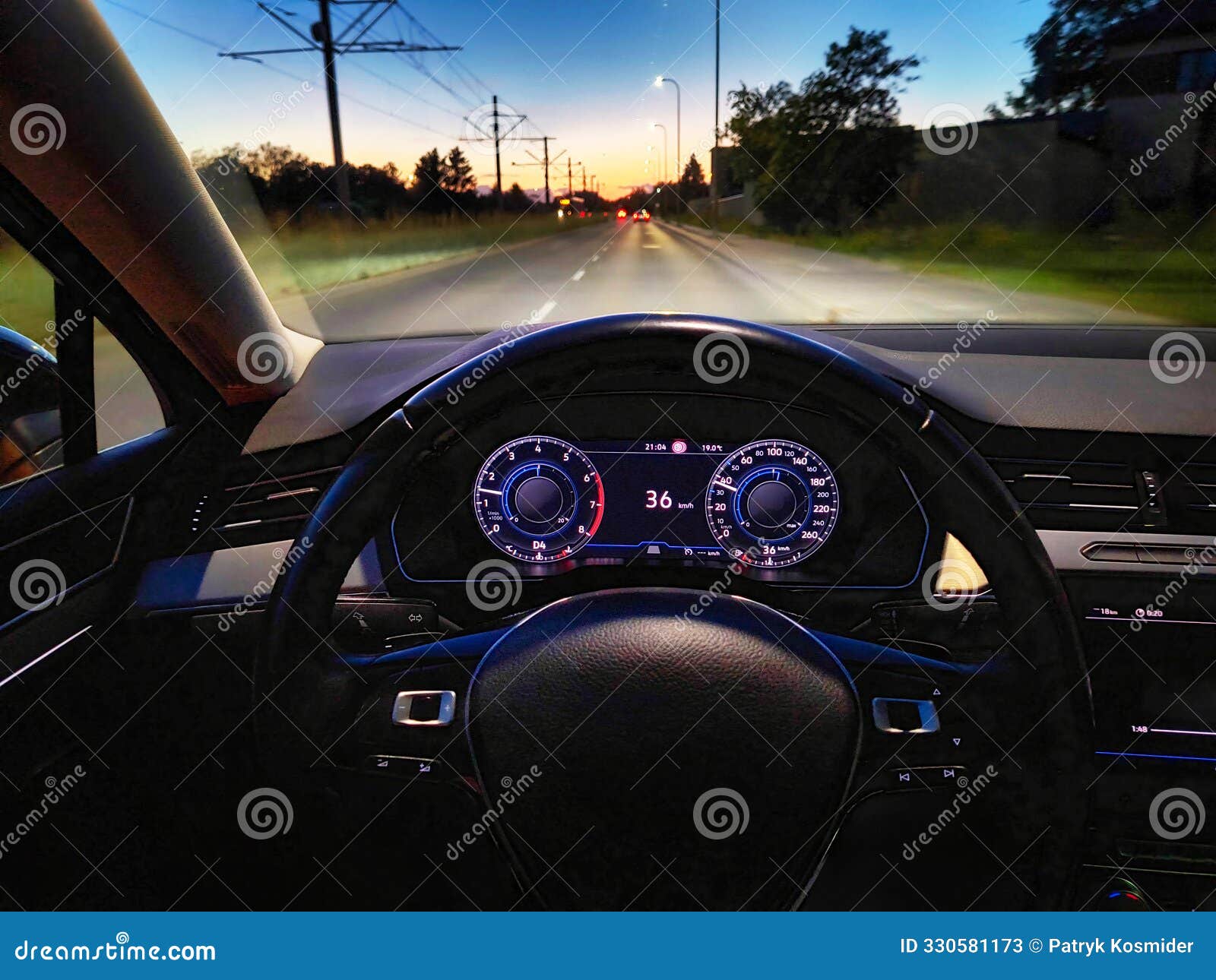 Nighttime Driving through a City Street. Dashboard View Stock Image - Image of automobile, drive ...