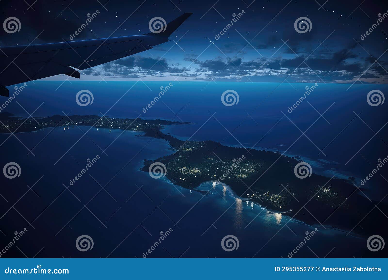 Nighttime Flight Over Tropical Island, Breathtaking Views Stock Image ...