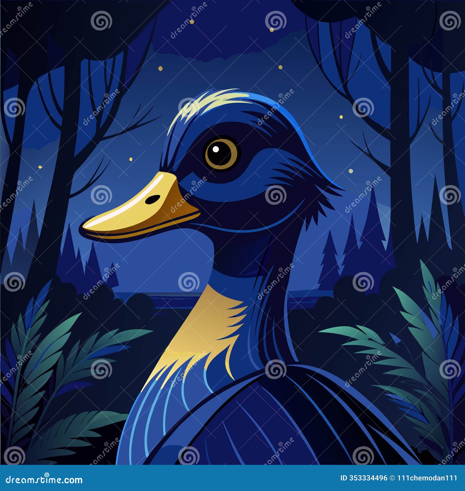 Nighttime Forest Scene with a Majestic Blue Duck Illustration Stock ...