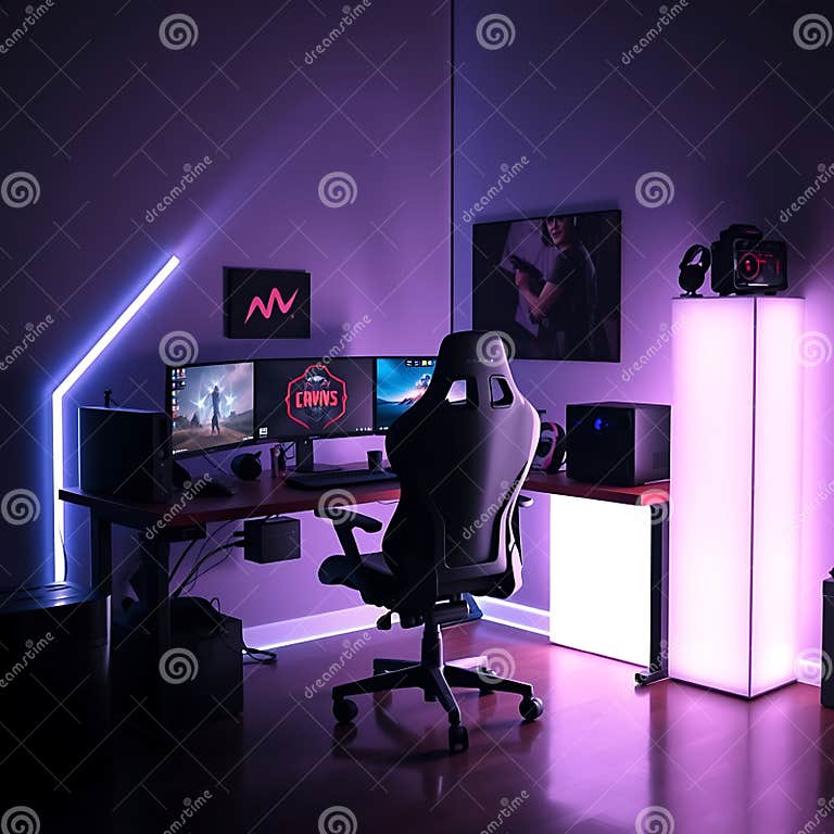 A Nighttime Gaming Desk Setup Illuminated by LED Strips with Gaming ...