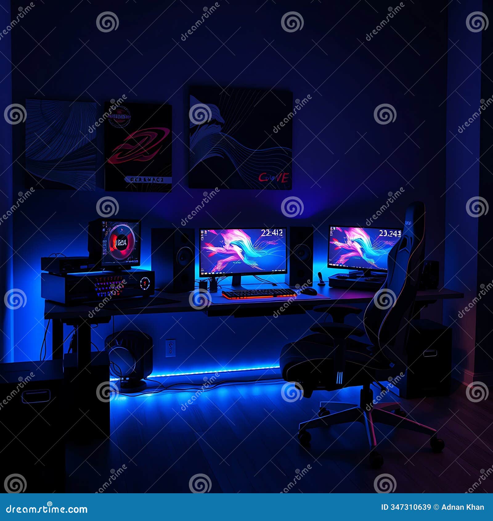 A Nighttime Gaming Desk Setup Illuminated by LED Strips with Gaming ...