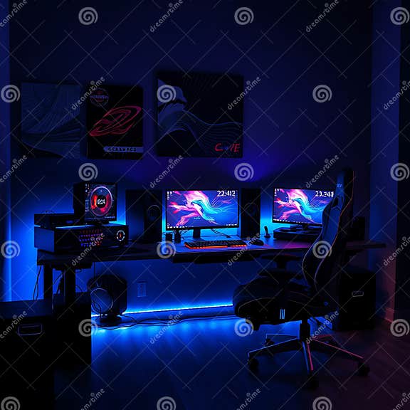 A Nighttime Gaming Desk Setup Illuminated by LED Strips with Gaming ...