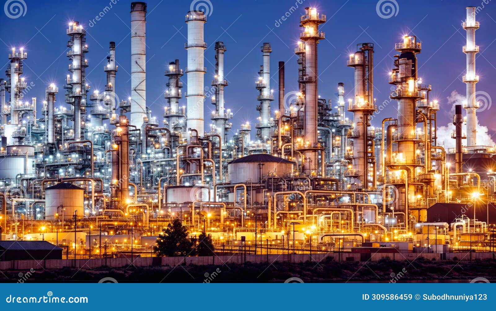 Nighttime Illuminated Oil Refinery With Smoke Stack Stock Image ...