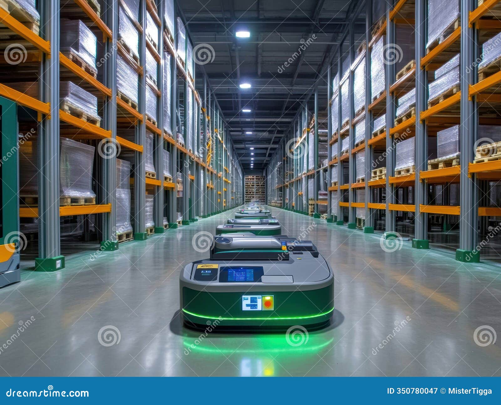 Nighttime Image of a Large Warehouse Interior with Green-colored Pallets and Autonomous Mobile ...