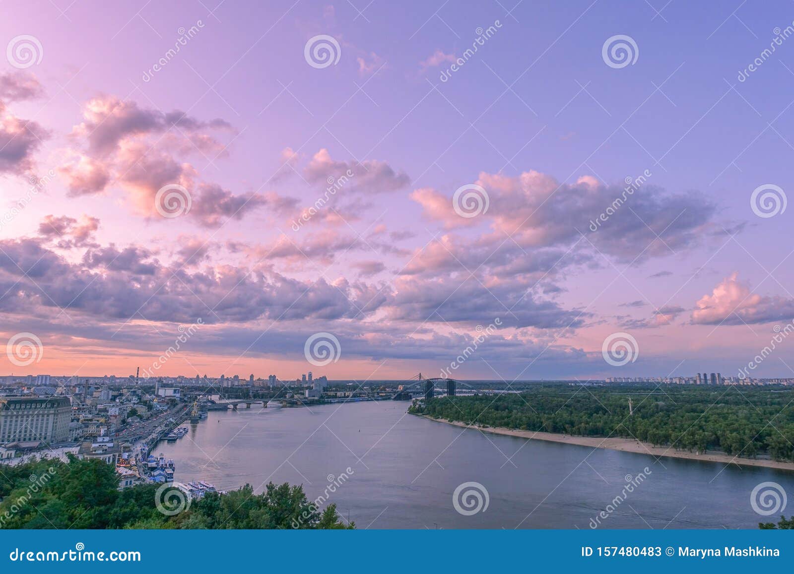 Nighttime Kiev. View of the Dnieper at Sunset. Stock Image - Image of ...