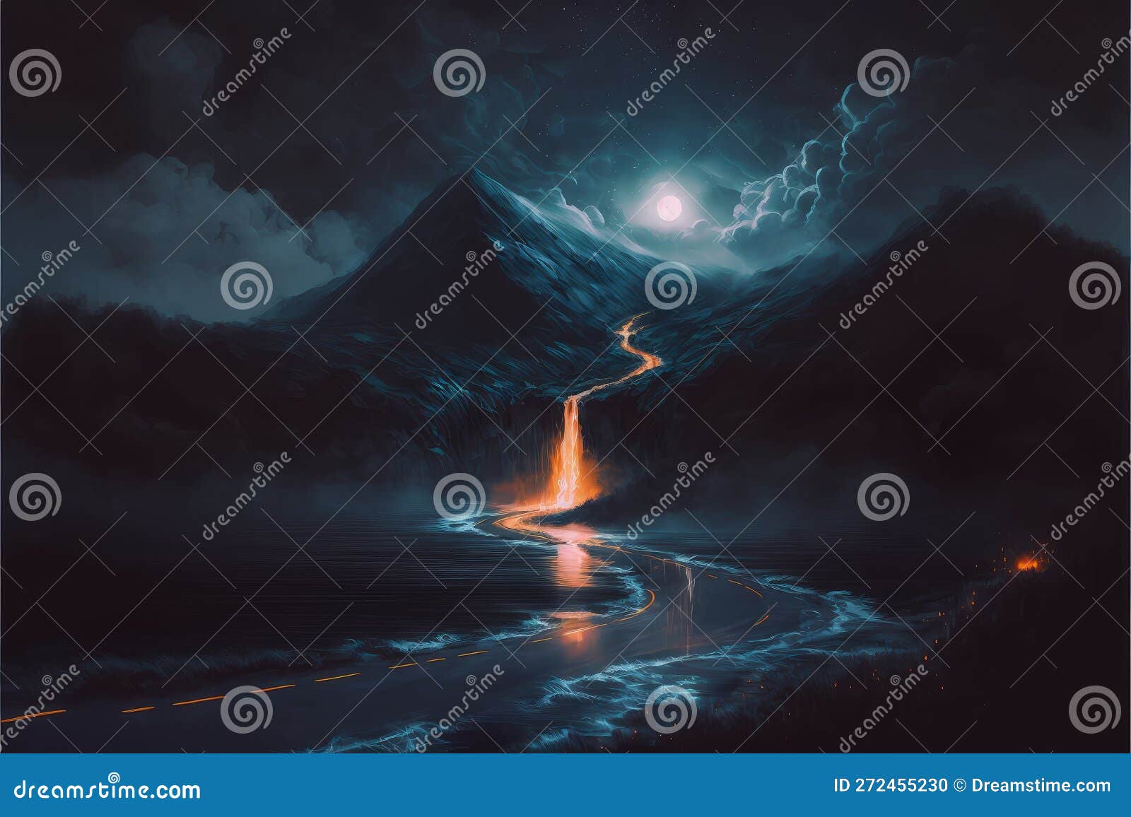 The Nighttime Landscape Features a Waterway Surrounded by Foreboding ...