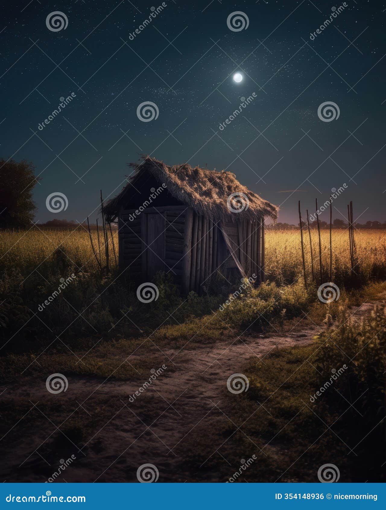 Nighttime Landscape with a Rustic Cabin and Starry Sky. Created by ...