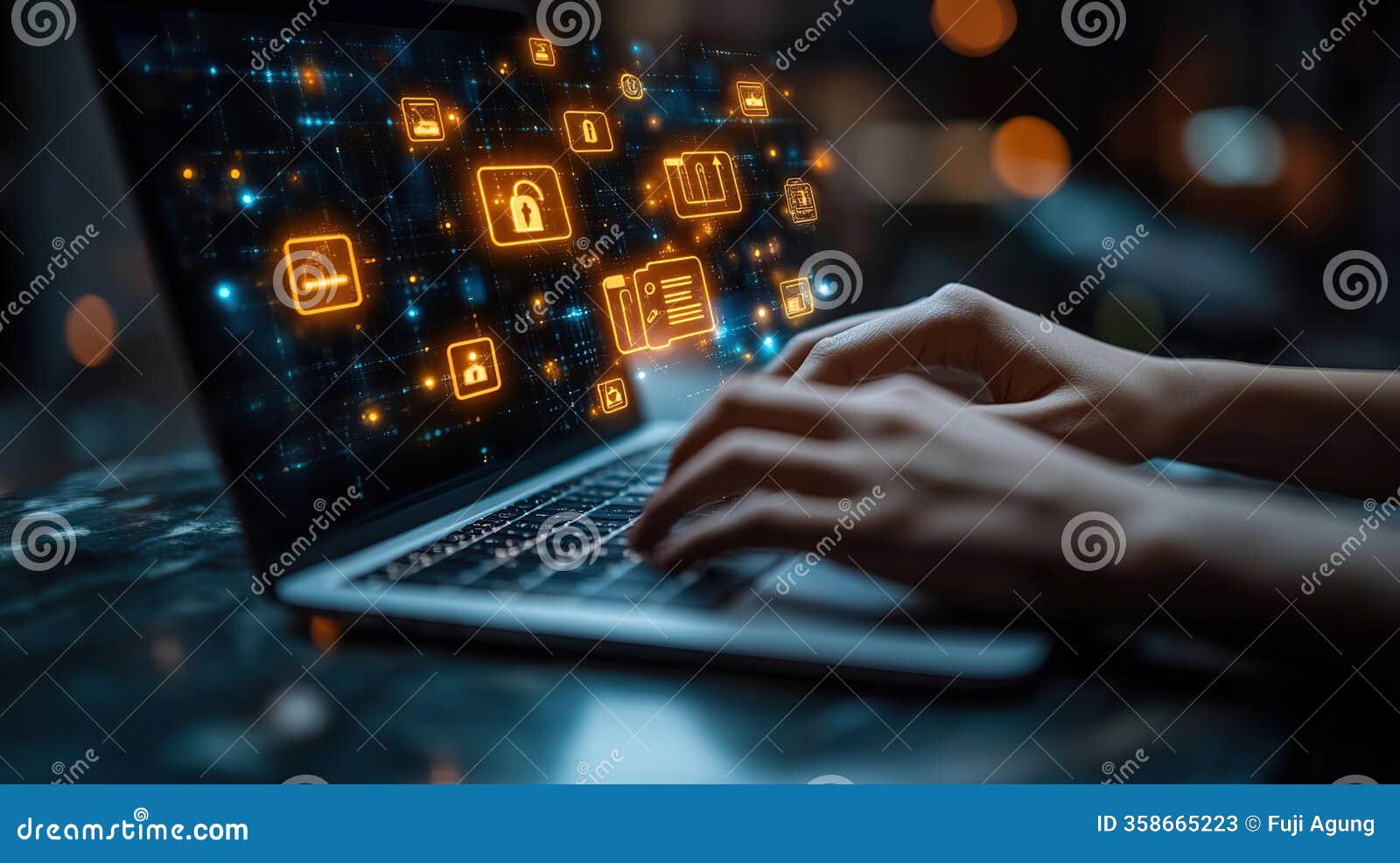 Nighttime Laptop Data Security Access Stock Illustration - Illustration of technology, growth ...