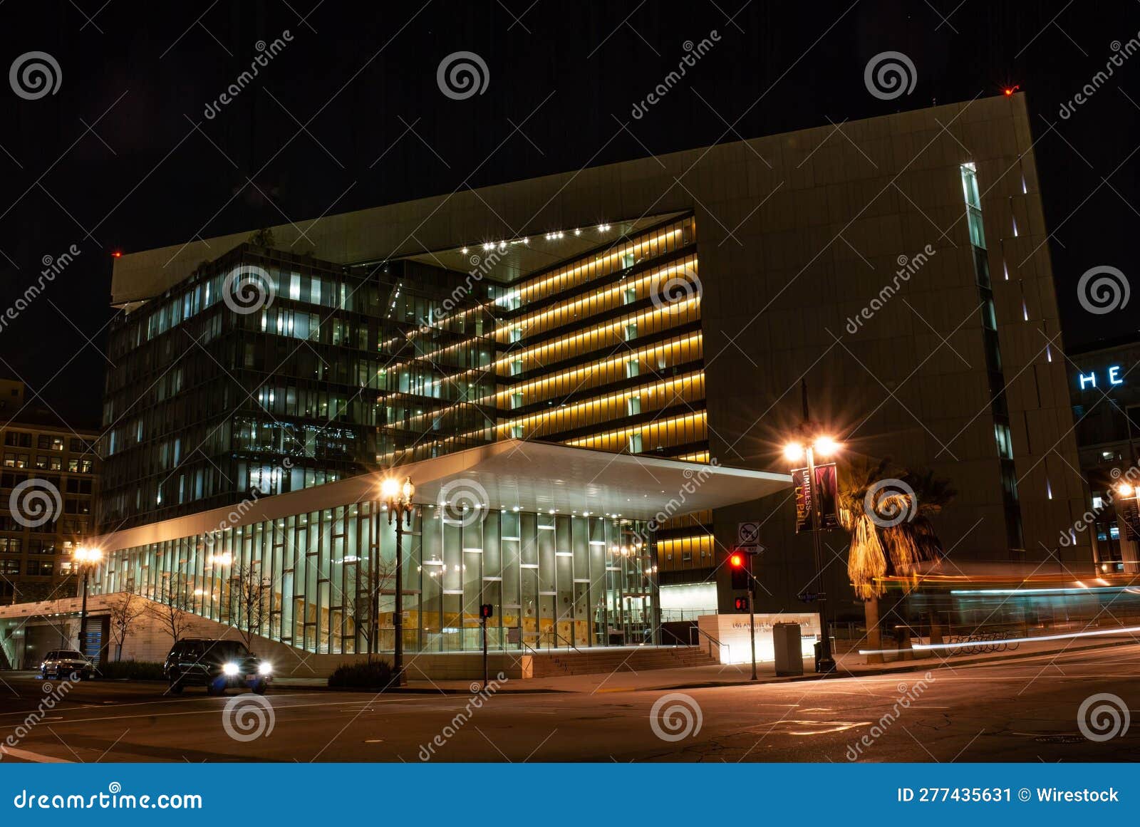 Nighttime Long Exposure Street Scene Featuring Illuminated LAPD ...