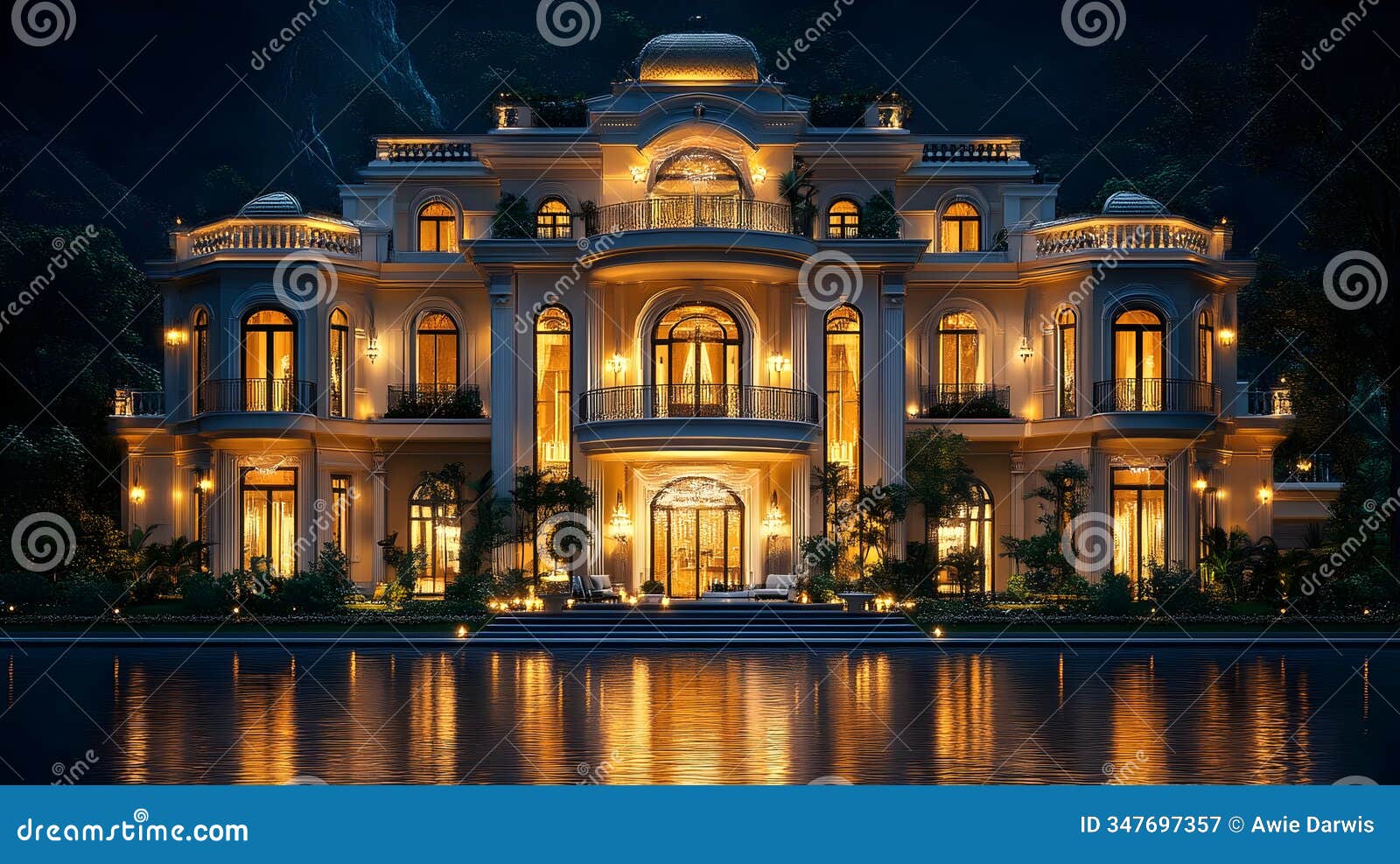 Nighttime Mansion with Illuminated Windows and Reflection in Pool - 3D ...