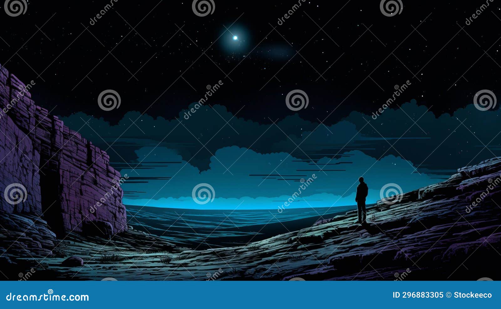 Nighttime Mountaintop View Interstellar Comic Book Art with Panoramic ...