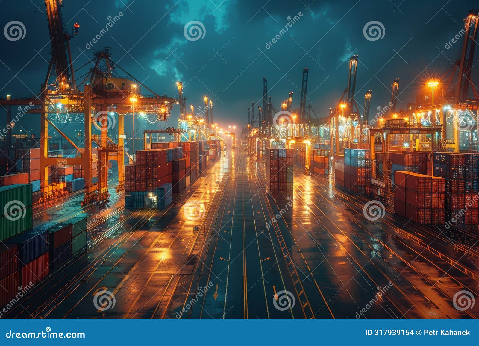 Nighttime Panorama of a Lively Container Terminal, Alive with Lights ...