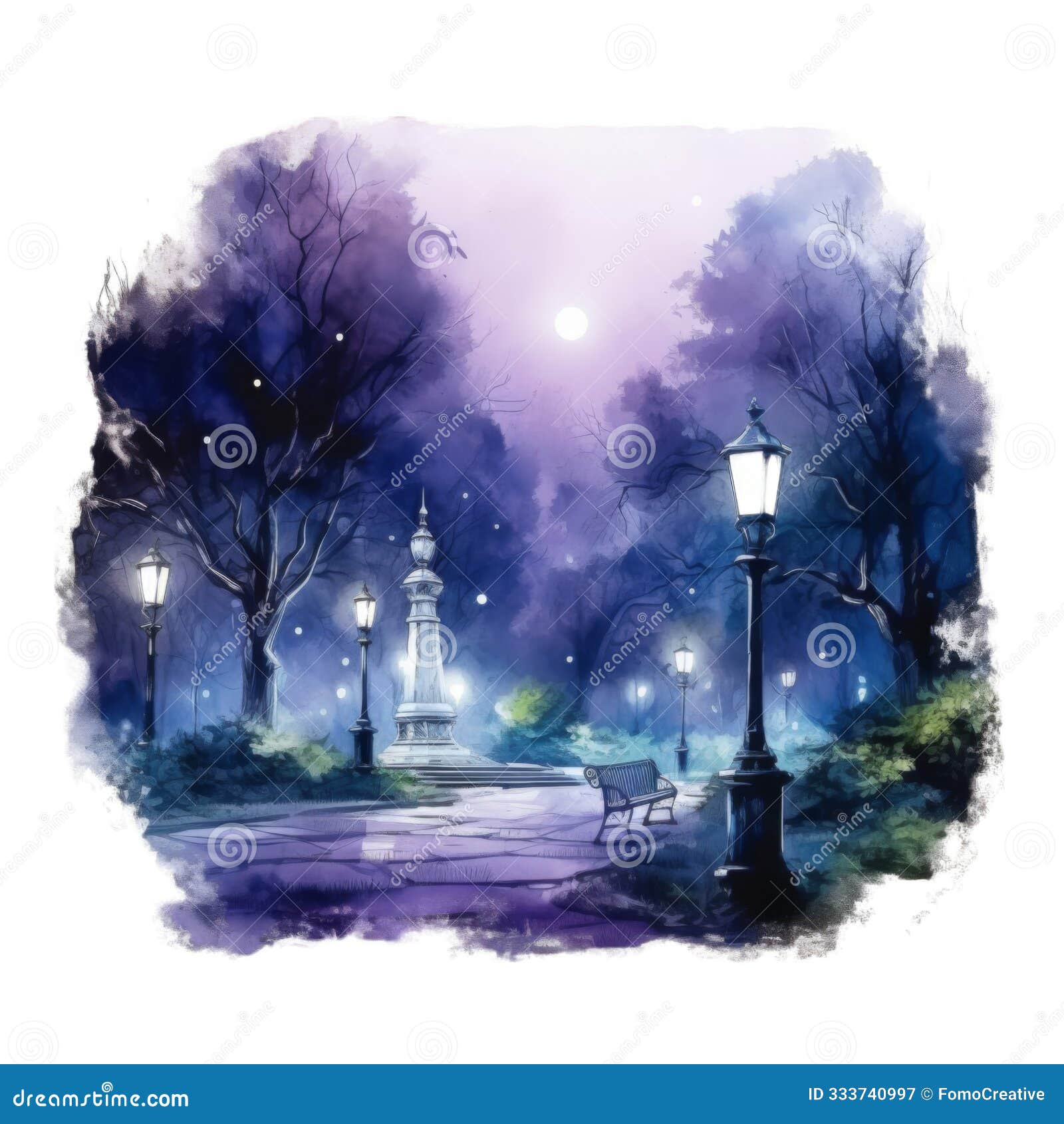 A Nighttime Park with a Monument and Streetlights Stock Illustration ...