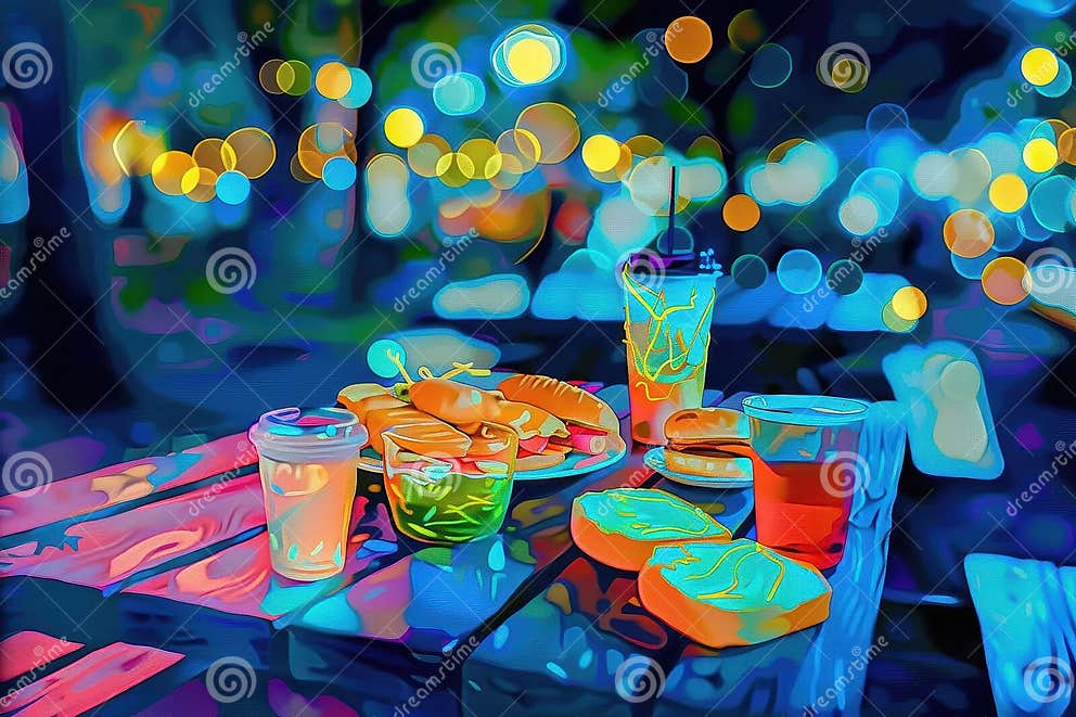 Nighttime Picnic Table with Food and Drinks Stock Illustration ...