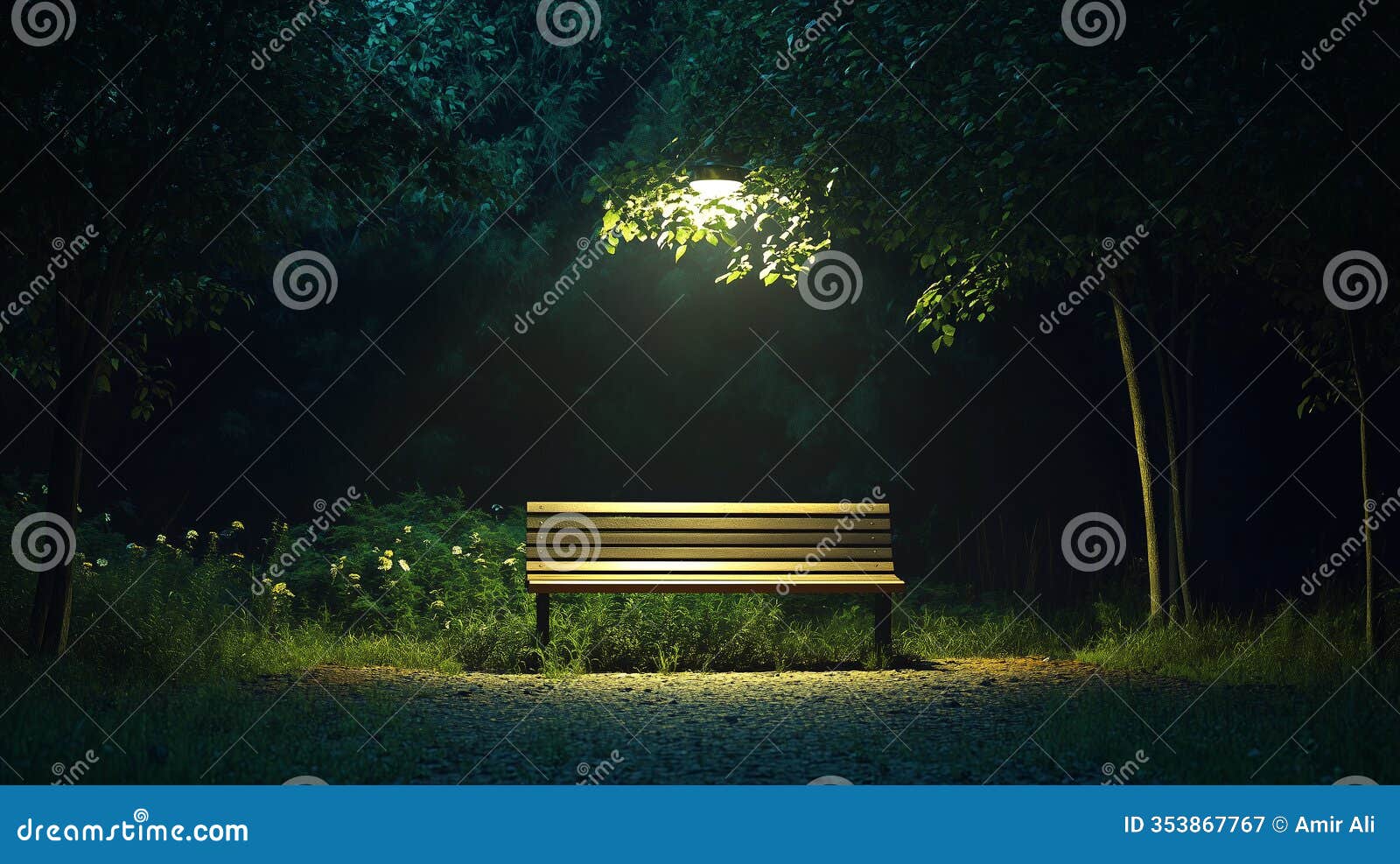 Nighttime Roadside Bench Illuminated by an Overhead Spotlight, Creating ...