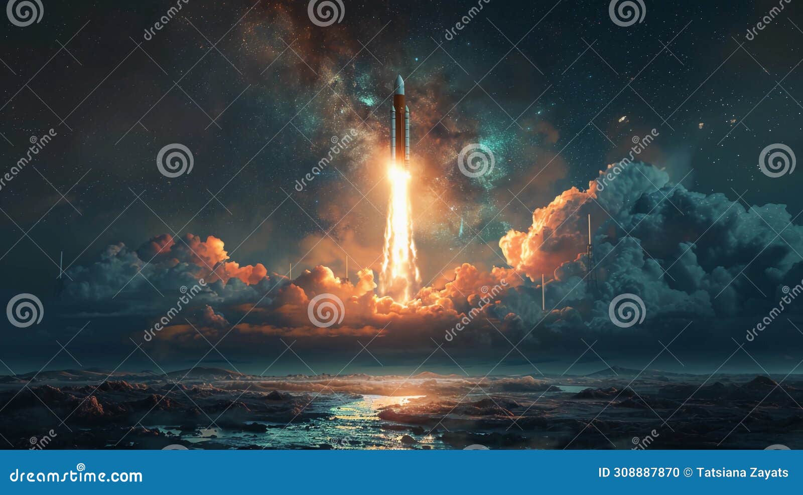 Nighttime Rocket Launch on Extraterrestrial Surface, Starry Sky. Human ... Nighttime Rocket Launch on Extraterrestrial Surface, Starry Sky. Human ...