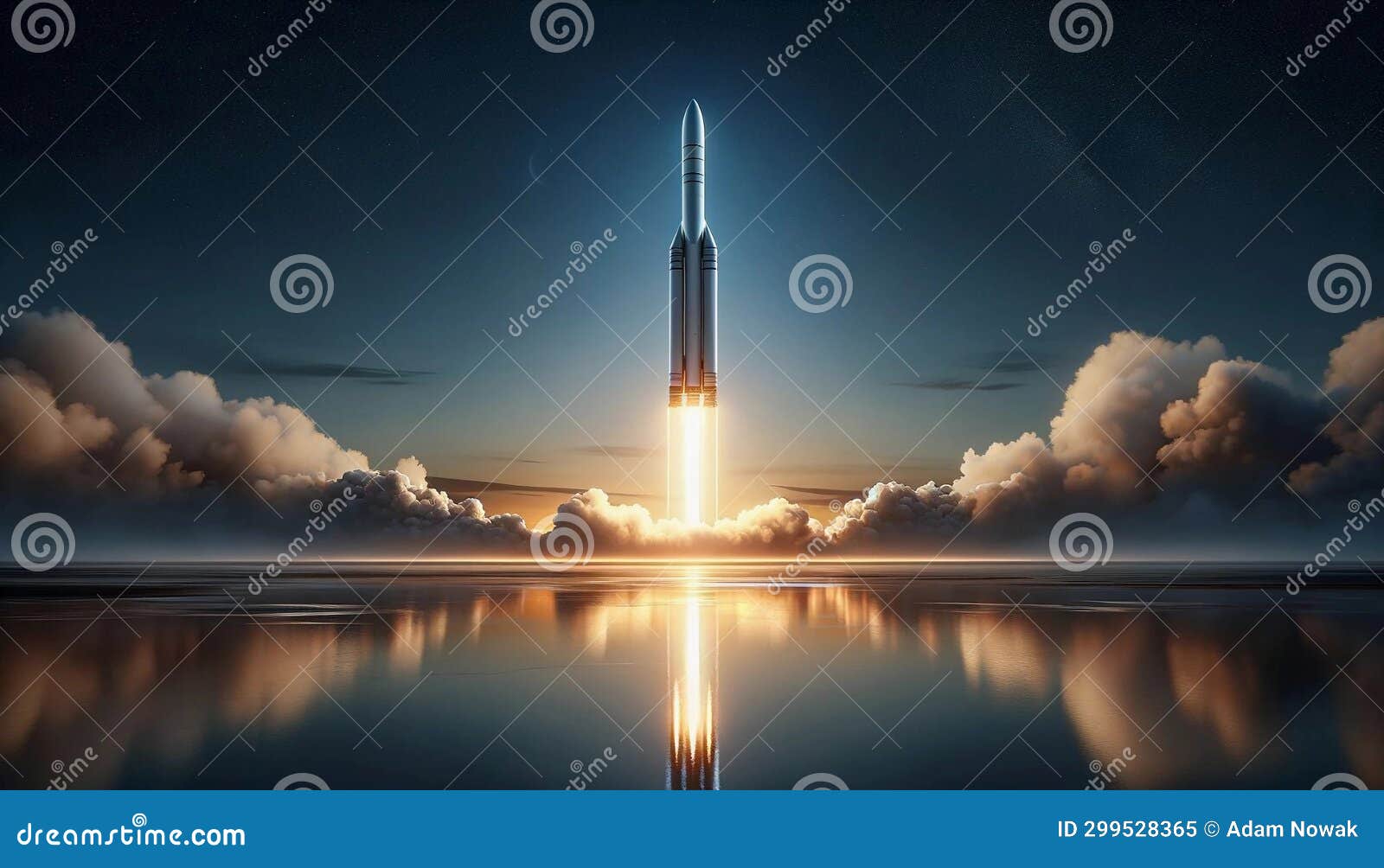 Nighttime Rocket Launch into Star-filled Sky, Spaceship Journey into ...