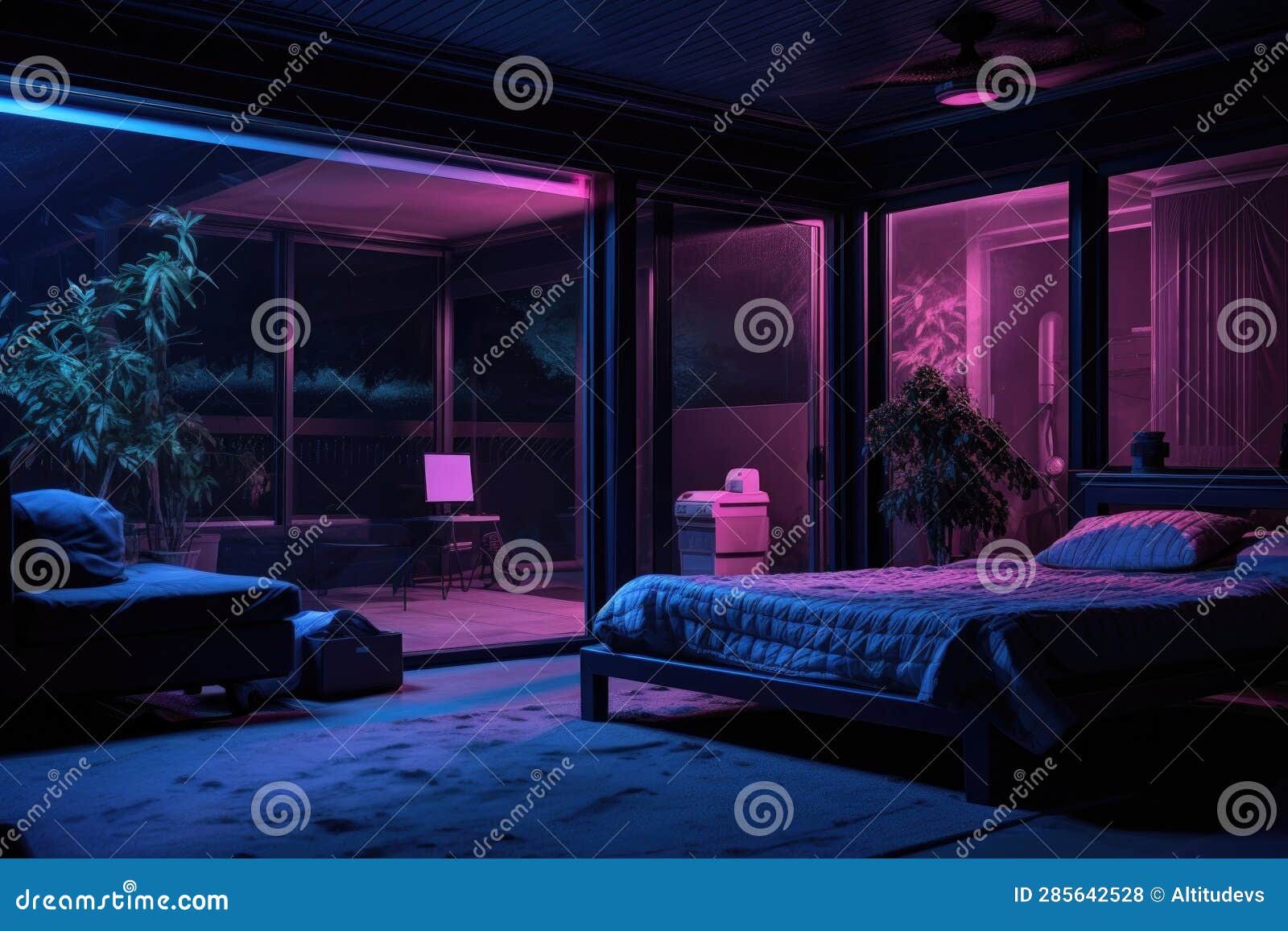 Nighttime Scene of a Room Cooled by a Smart Air Conditioner Stock Photo ...