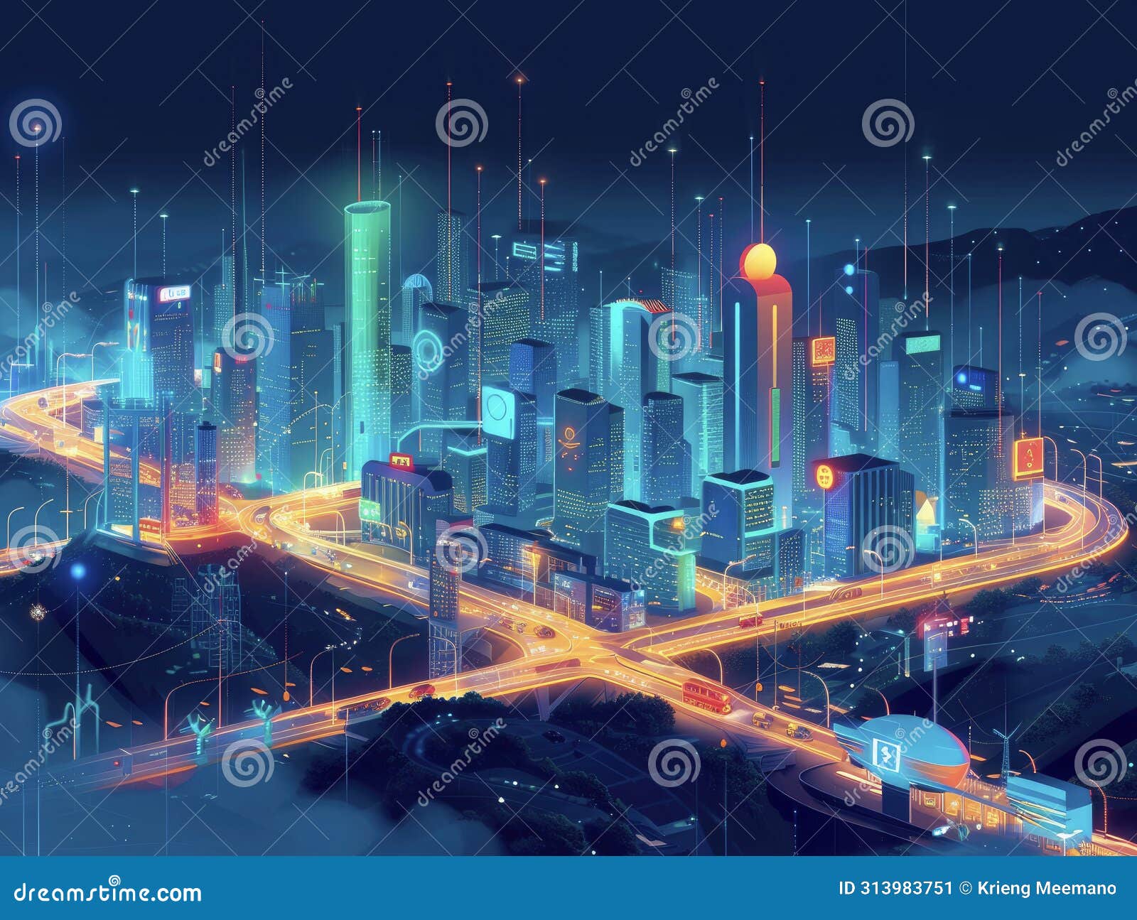 Nighttime Smart City Visualization Digital Interfaces and IoT Powered Infrastructure Stock ...