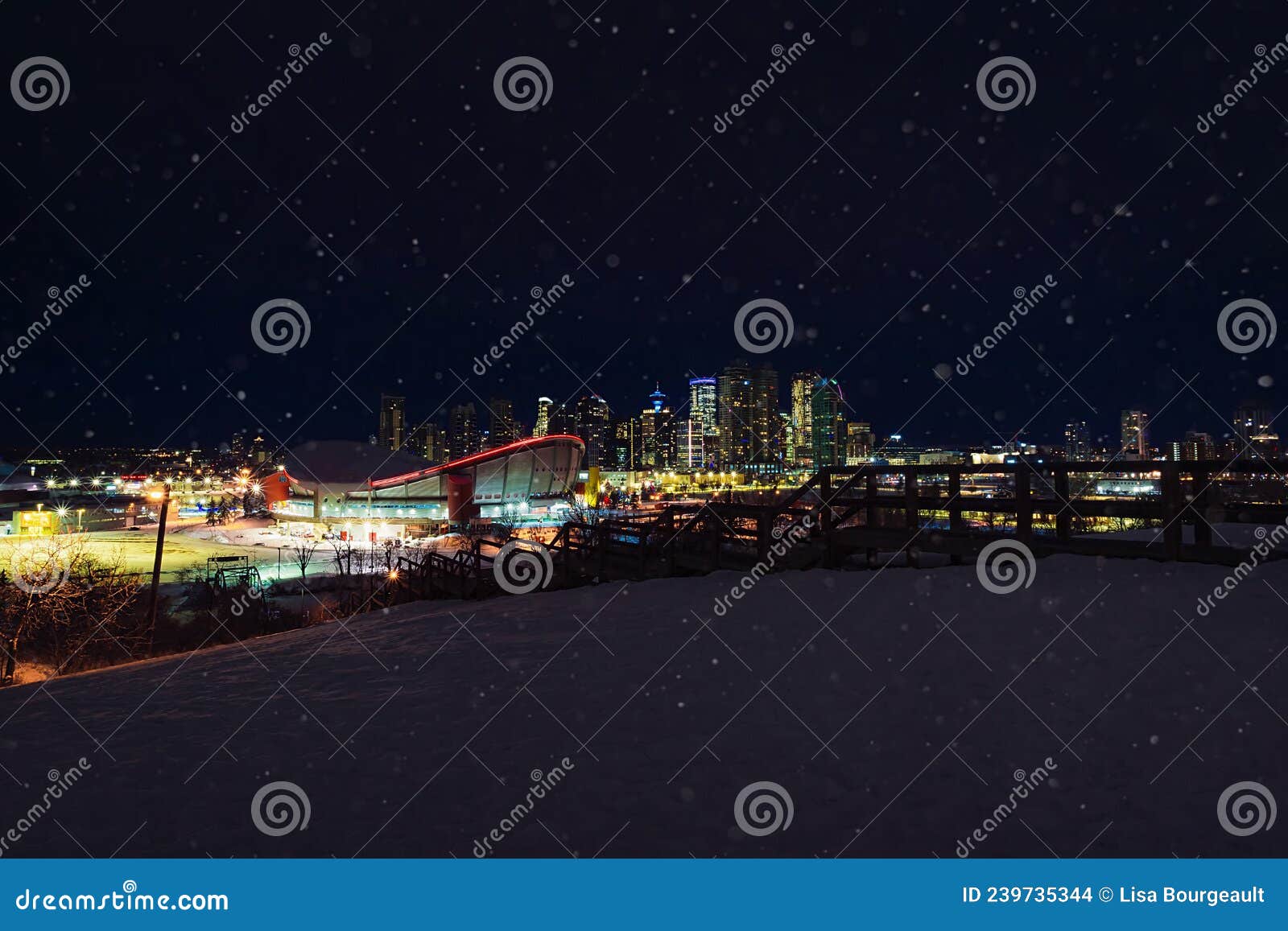 Nighttime Snowfall Over Downtown Calgary Stock Photo - Image of ...