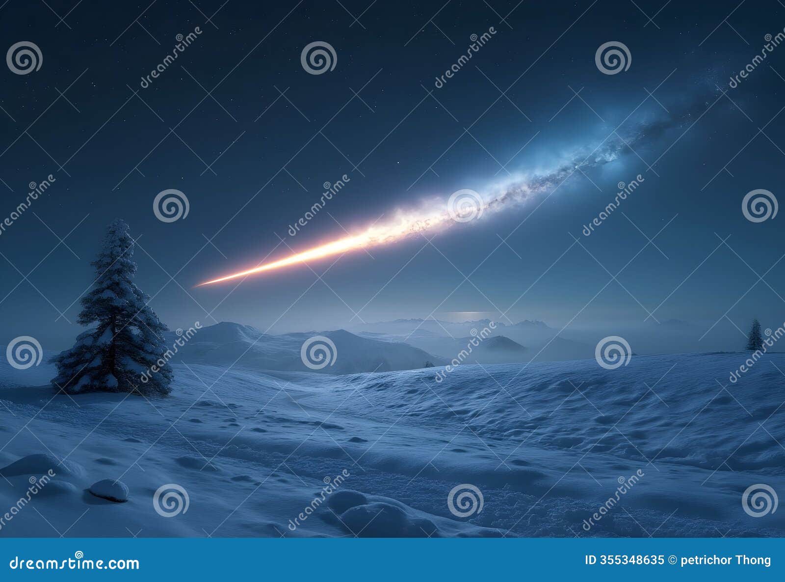 Nighttime Snowy Landscape with Glowing Comet Stock Illustration ...