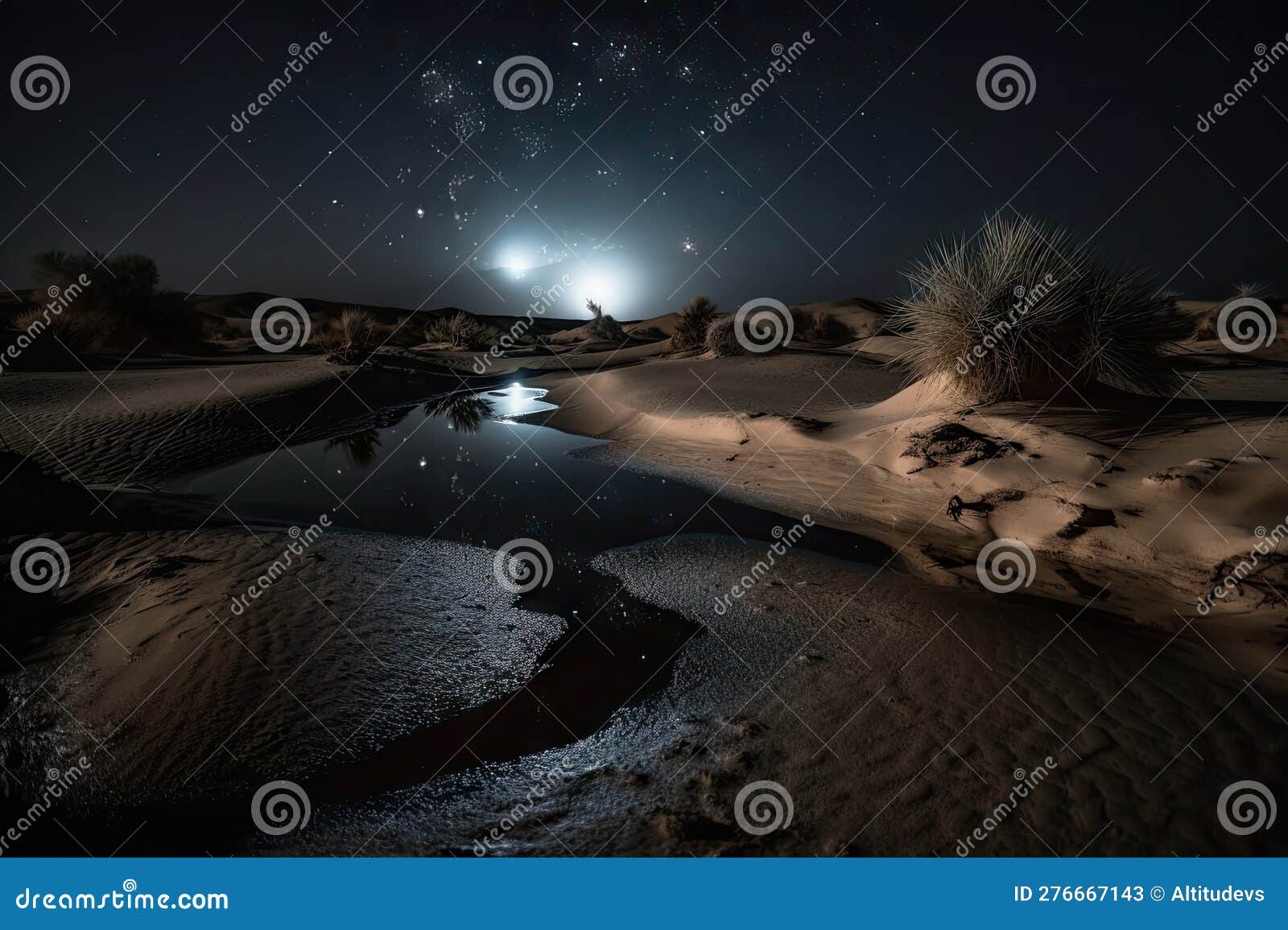Nighttime Stars and Moon Reflected in the Desert Sand Stock Image ...